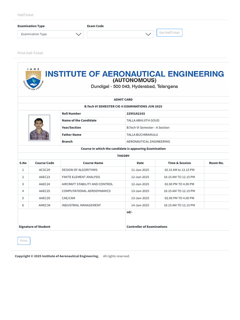 IARE - Admit Card - Student | PDF