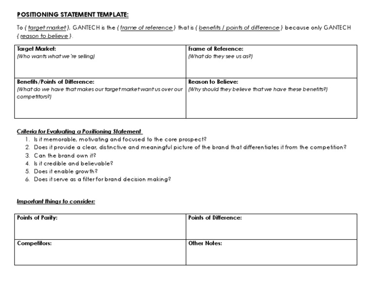 GANTECH Positioning Statement Template | PDF | Business