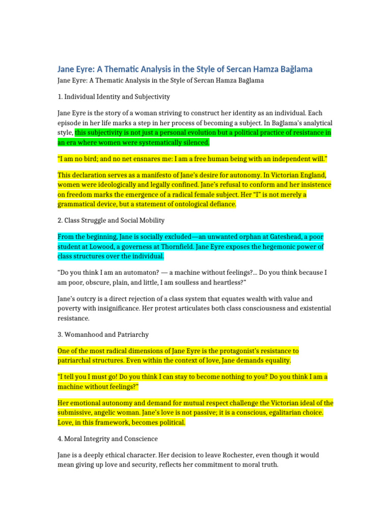 Jane Eyre Thematic Analysis Sercan Baglama Style ENG | PDF | Jane Eyre ...