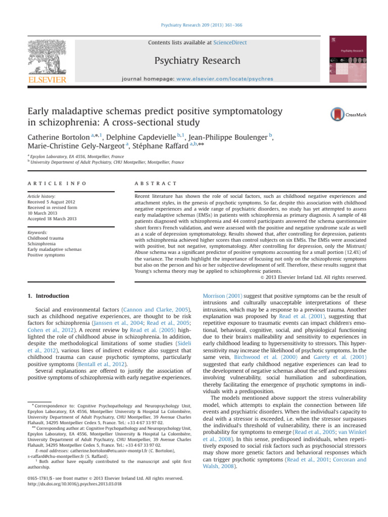 Early Maladaptive Schemas Predict Positive Symptomatology in Schizophrenia - A Cross-Sectional ...