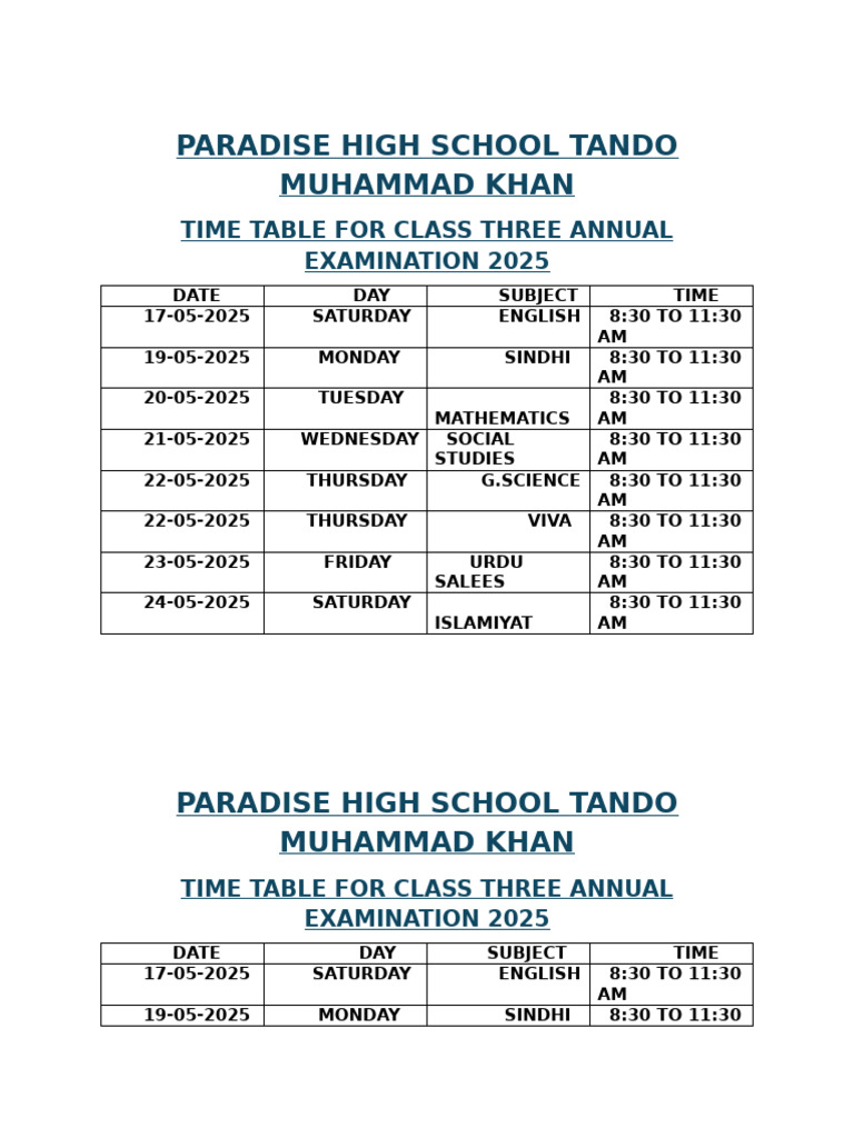 Time Table For Class 8th | PDF