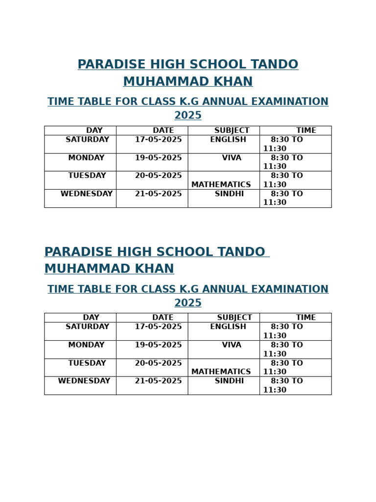 Time Table For Class KG | PDF