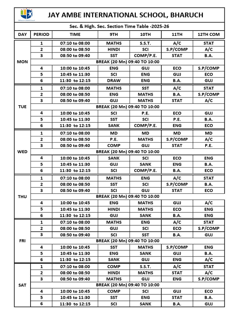 NEW Class Time Table 2025 26 | PDF