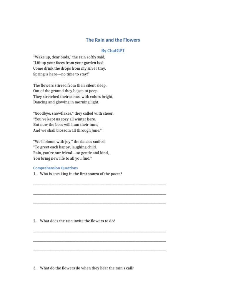 Comprehension Questions for Nature Poems | PDF | Owl | Poetry