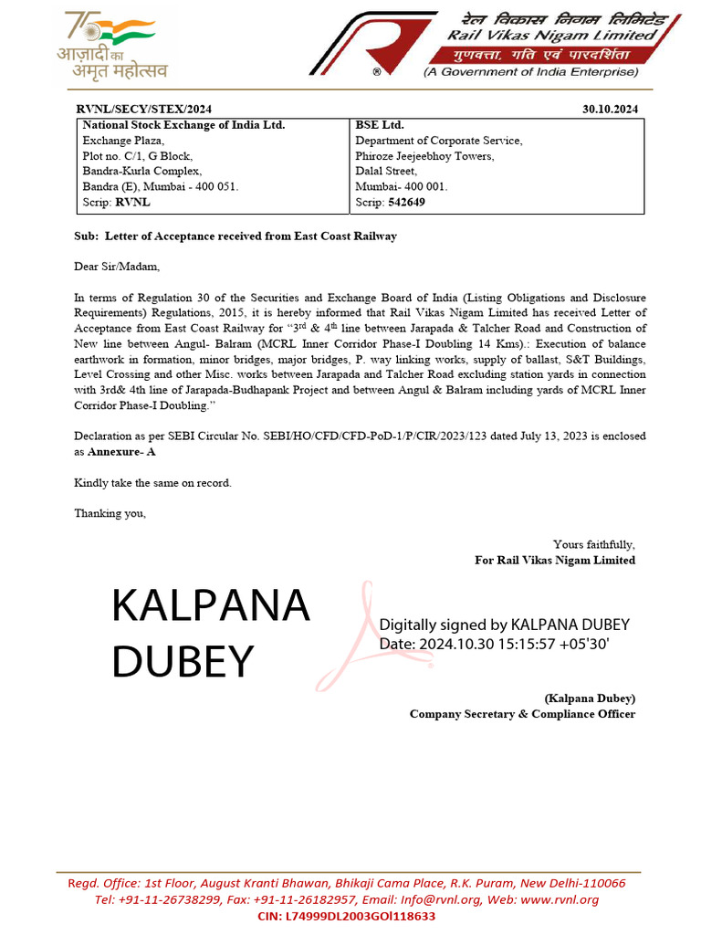 Kalpana Dubey: RVNL/SECY/STEX/2024 30.10.2024 National Stock Exchange ...