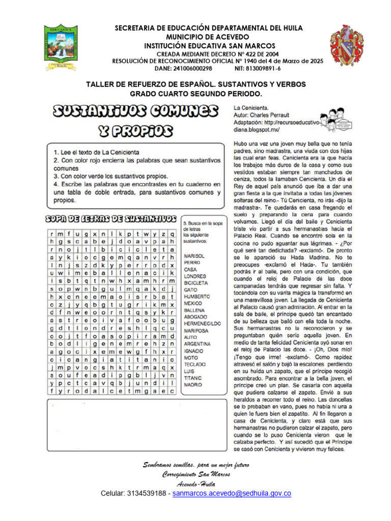 Taller de Sustantivos y Verbos 4° | PDF