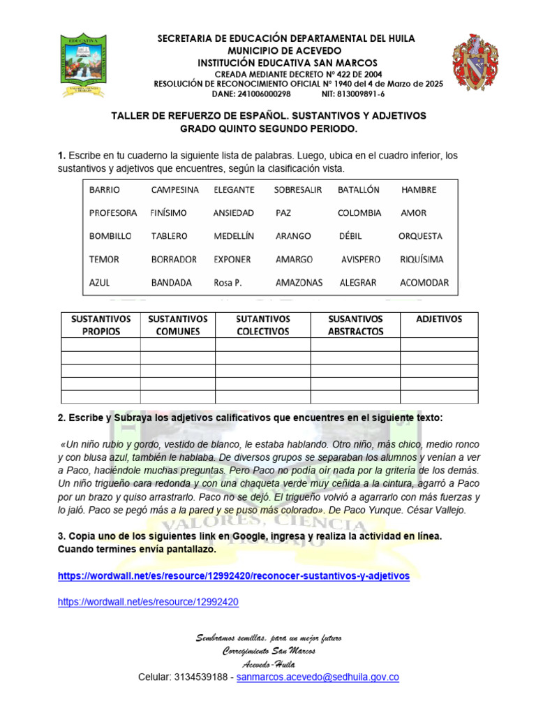 Taller de Sustantivos y Adjetivos 5° | PDF