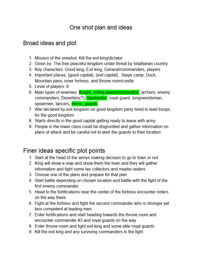 One Shot Plan and Ideas PDF | PDF | Fortification | Military