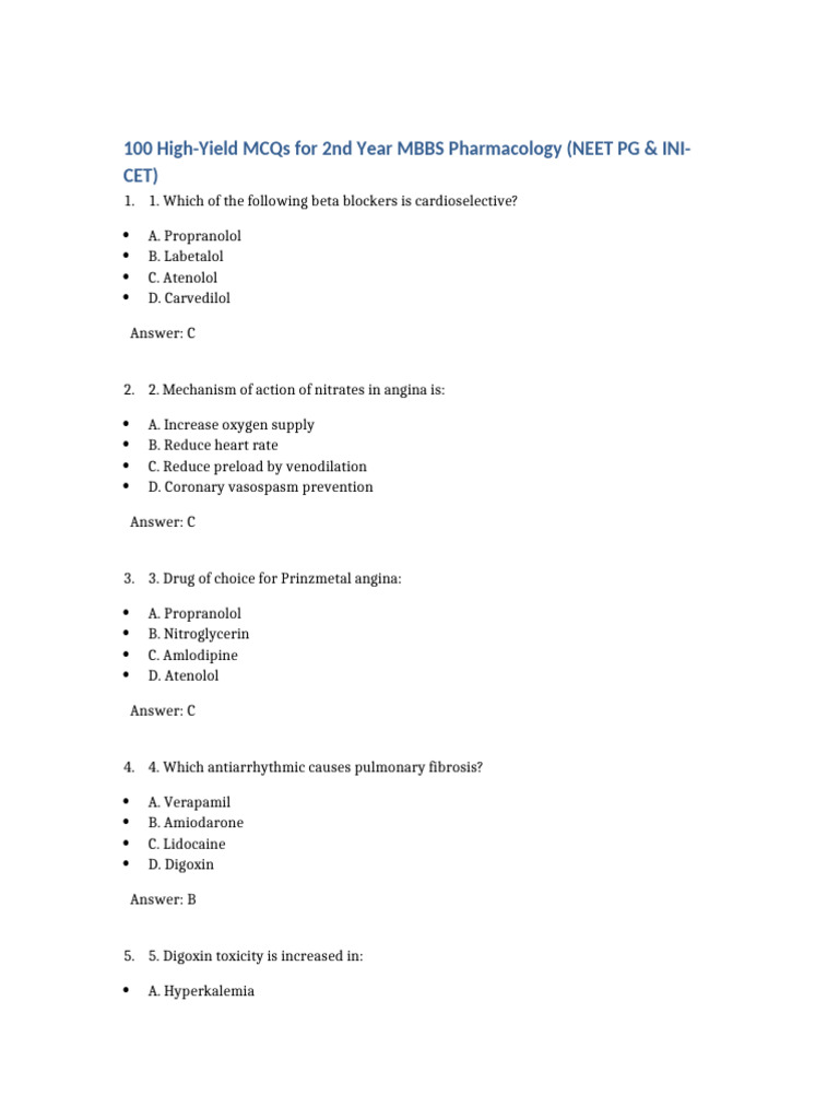 100 MCQ Pharmacology 2nd MBBS | PDF | Cardiology