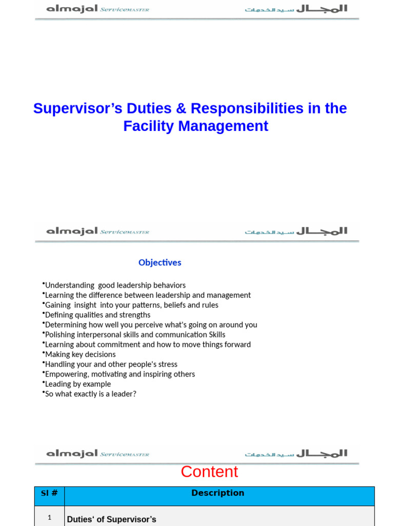 Supervisor Duties in Facility Management | PDF | Leadership | Safety