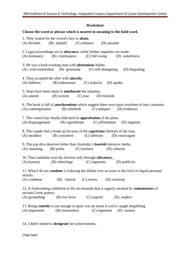 Worksheet Choose The Word or Phrase Which Is Nearest in Meaning To The Bold Word. Abate | PDF