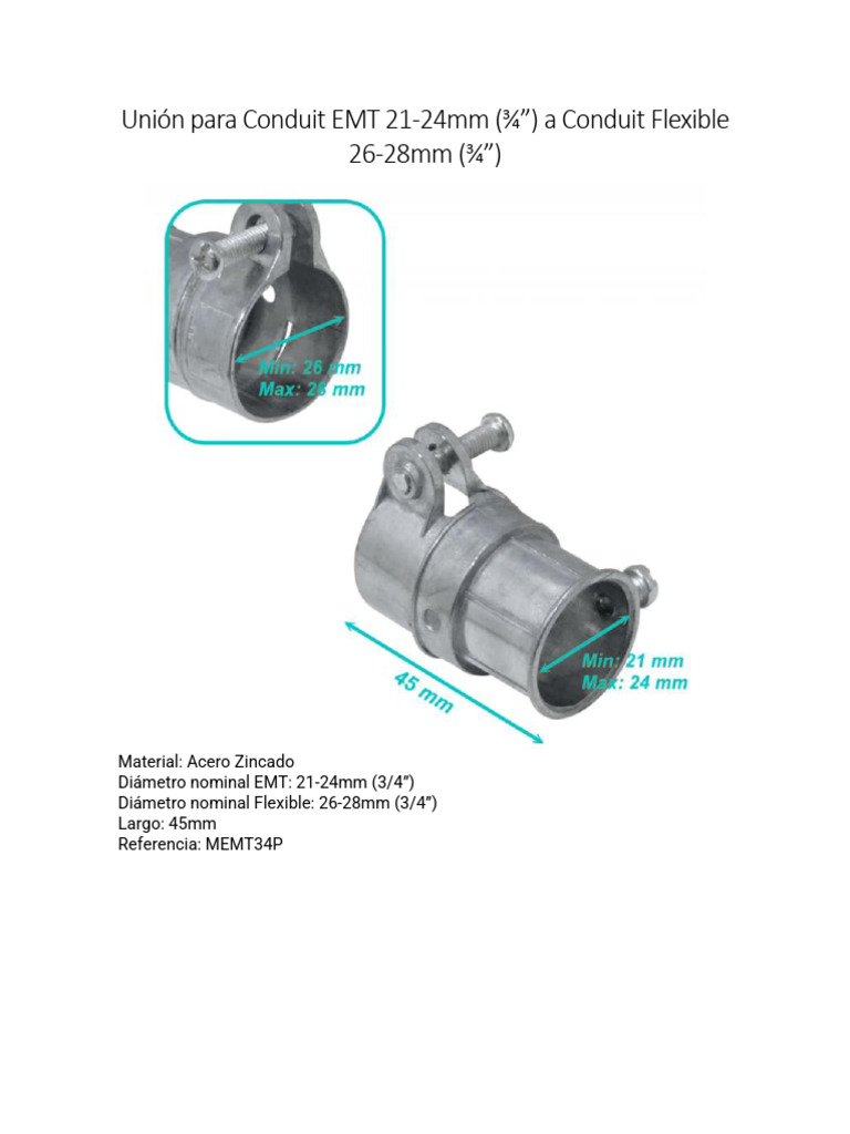 Unión para Conduit EMT 21-24mm ( ") A Conduit Flexible 26-28mm ( ") | PDF