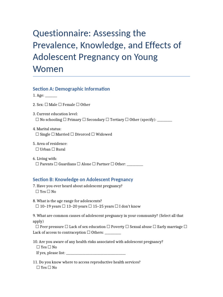 Adolescent_Pregnancy_Questionnaire | PDF | Teenage Pregnancy | Pregnancy