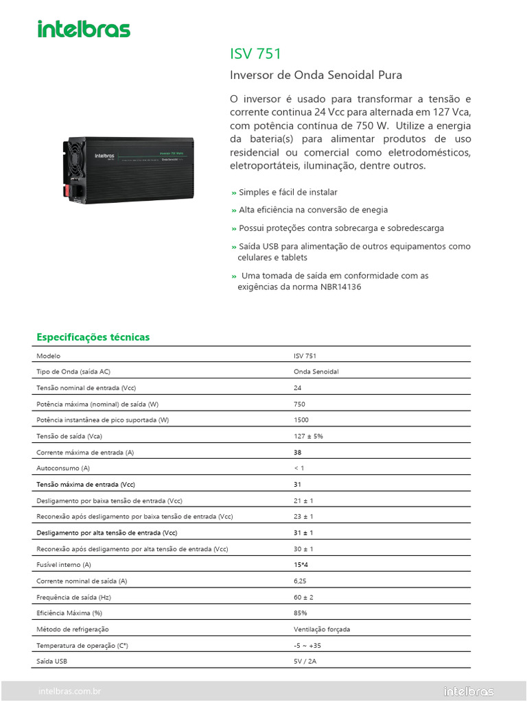 Datasheet (Ficha Técnica) (ISV 751) | PDF | Potência (Física) | Corrente direta