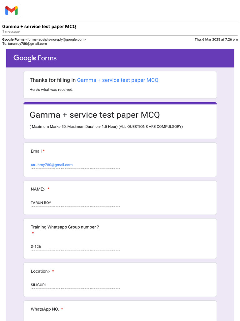 Gmail - Gamma + Service Test Paper MCQ | PDF