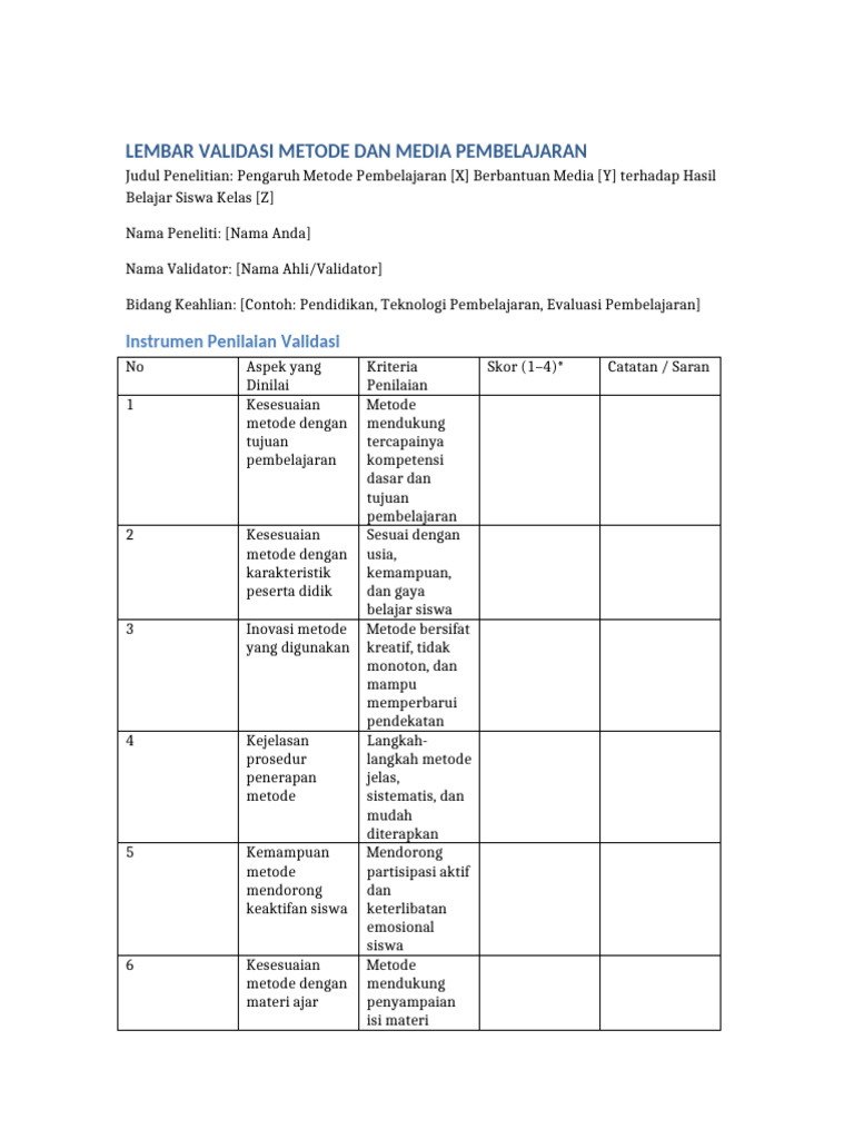 Lembar Validasi Metode Dan Media | PDF