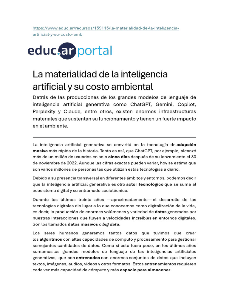 La Materialidad de La Inteligencia Artificial y Su Costo Ambiental - Educ - Ar | PDF ...