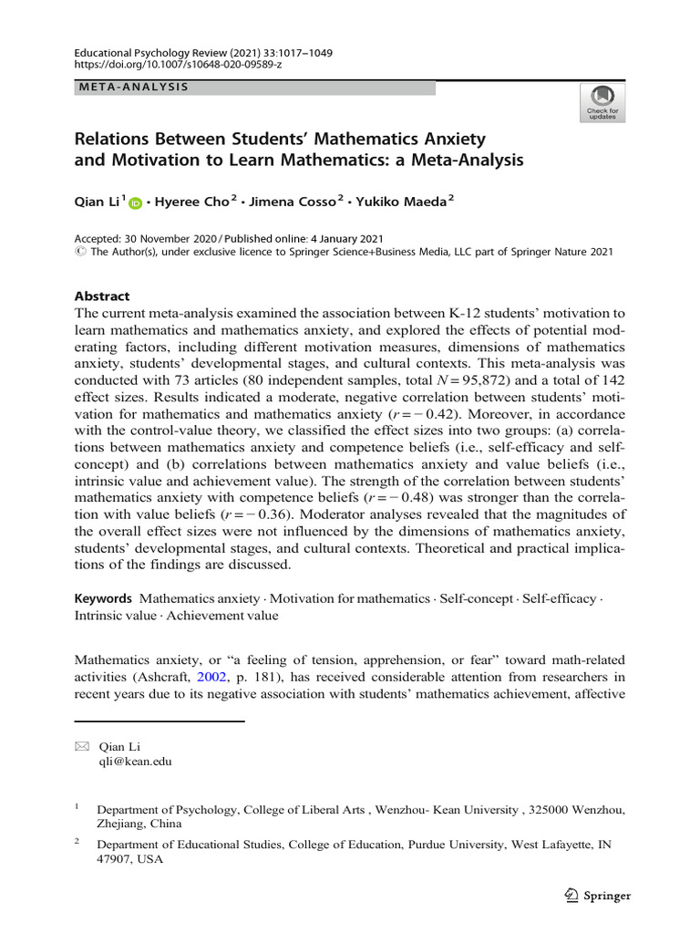 Relations Between Students' Mathematics Anxiety and Motivation To Learn ...
