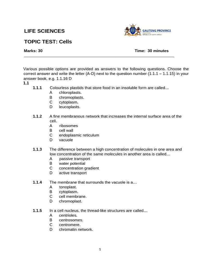 Life Sciences Cells Test Questions | PDF | Cell (Biology) | Chloroplast