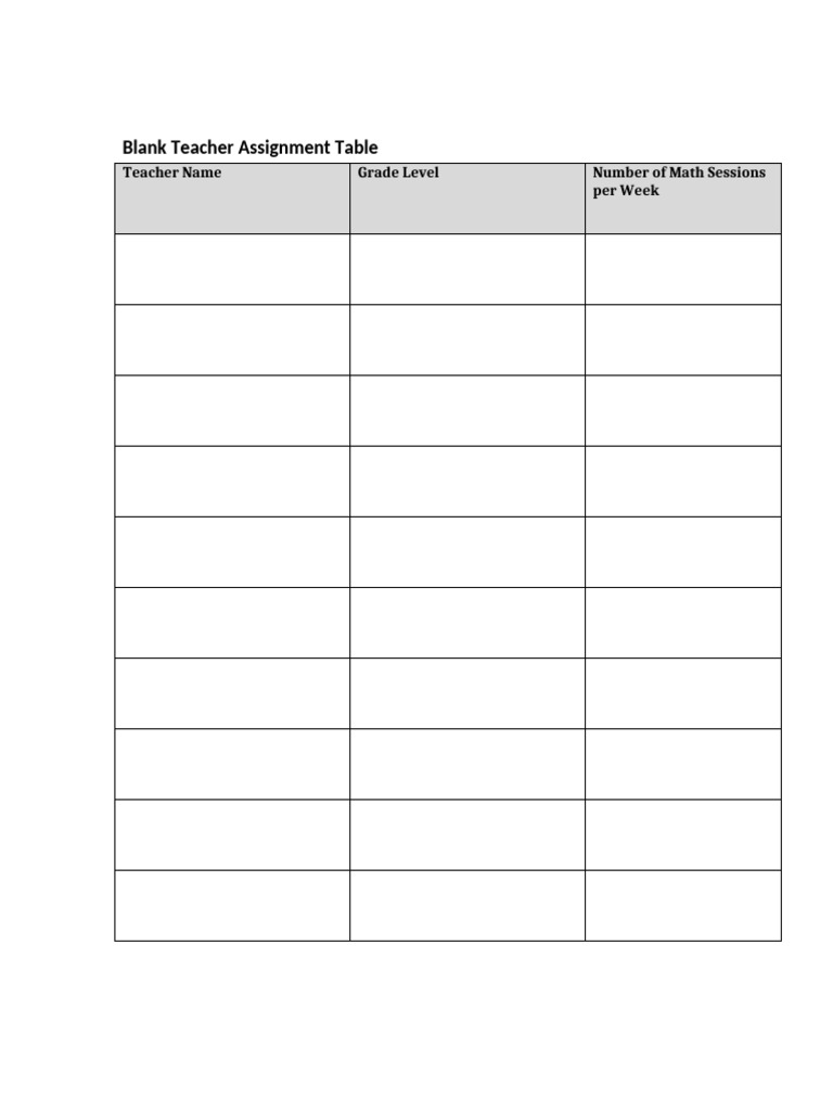 Blank Teacher Assignment Table | PDF