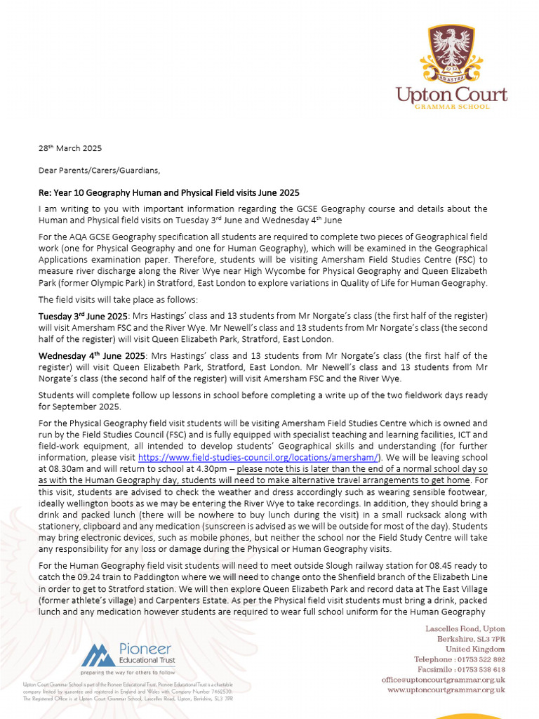 Year 10 Geography Field Visits 2025 | PDF