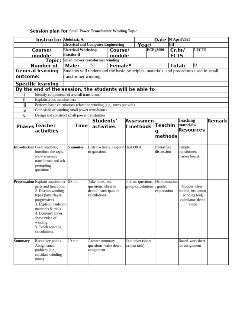 Session Plan For Transformer | PDF | Transformer | Insulator (Electricity)