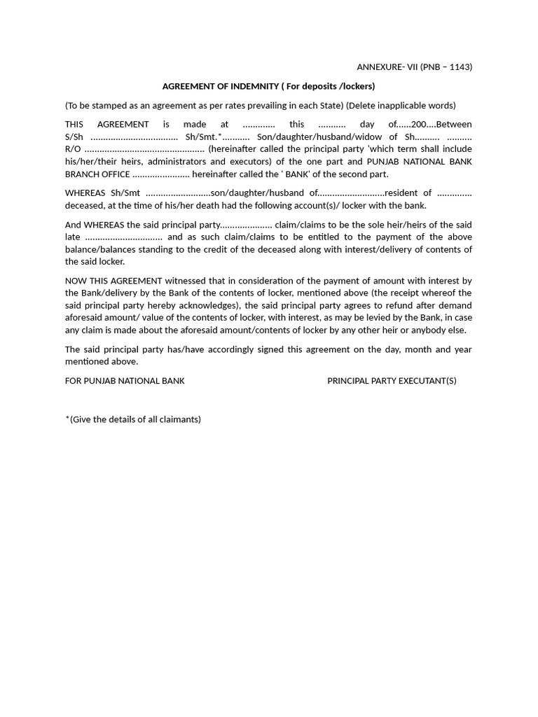 Annexure Agreement of Indemnity PNB | PDF