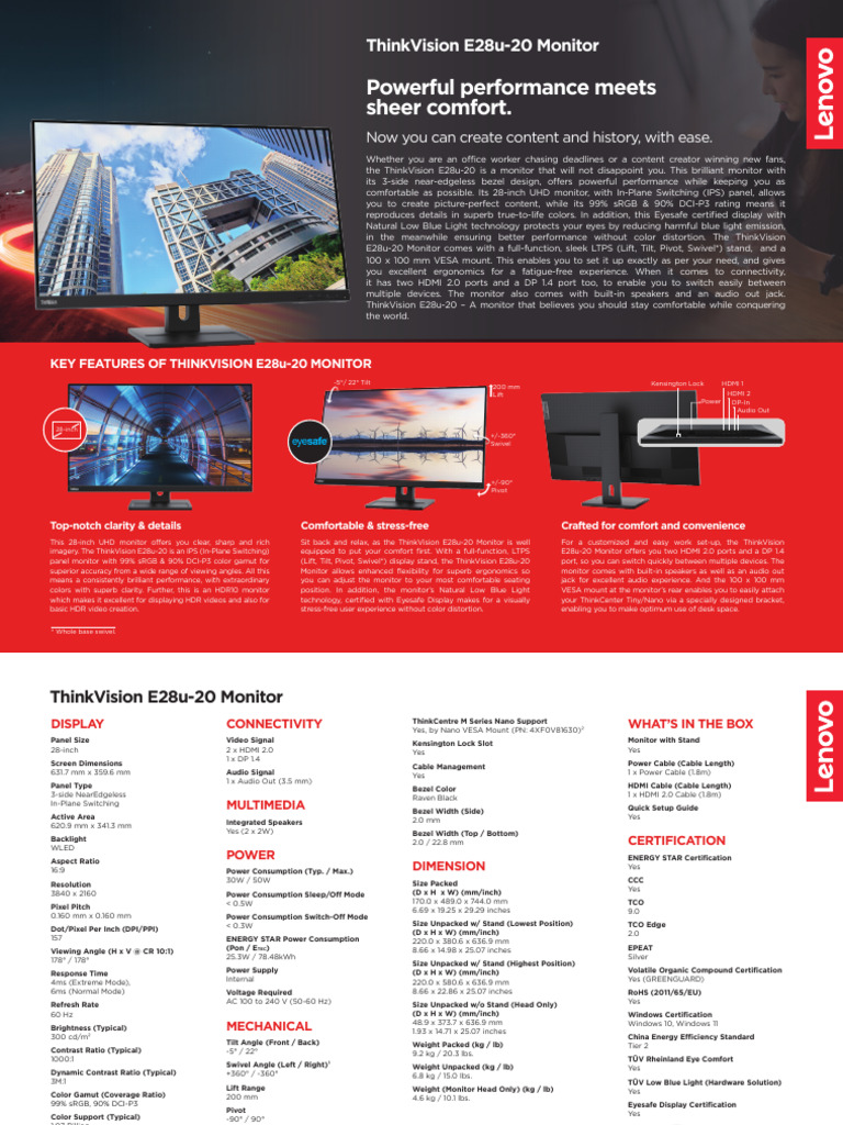 ThinkVision E28u-20 Datasheet en | PDF | Computer Monitor | Display Technology