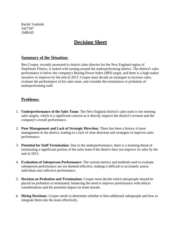 Stepsmart Decision Sheet | PDF | Sales | Business
