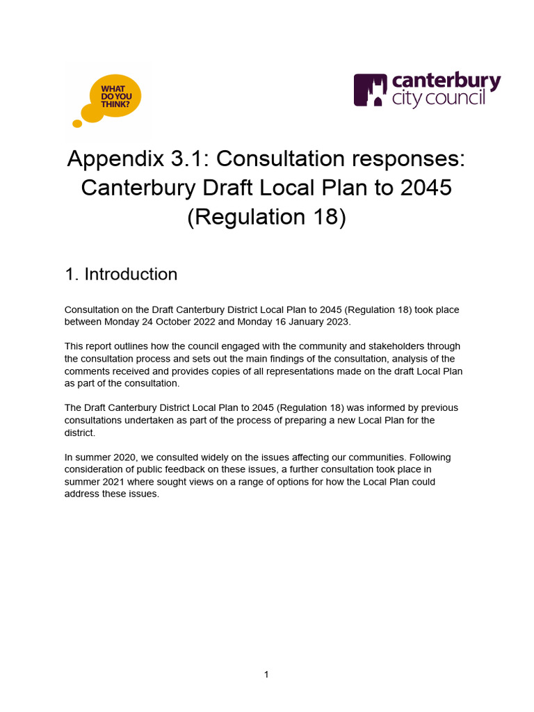 Appendix 3.1 Consultation Responses Canterbury Draft Local Plan To 2045 (Regulation 18) | PDF ...