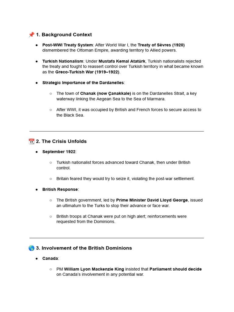 Chanak Crisis - Class Notes | PDF | British Empire | Diplomacy