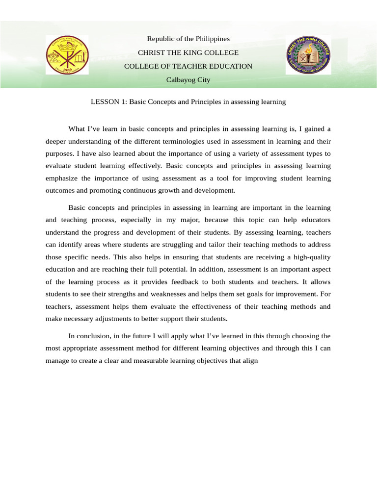 Assessment in Learning 1 | PDF