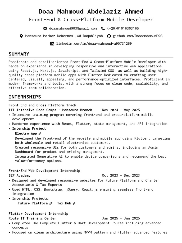 Doaa Mahmoud: ITI Mansoura Intern Profile | PDF | Mobile App | Web ...