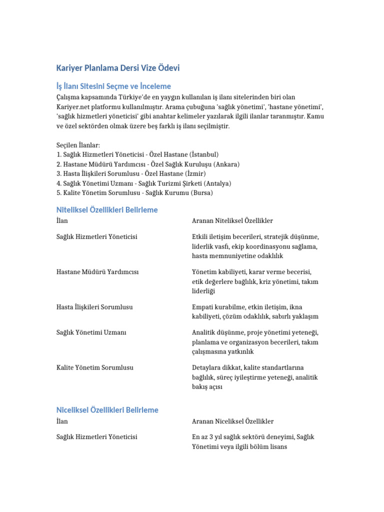 Kariyer Planlama Vize Odevi Detayli | PDF