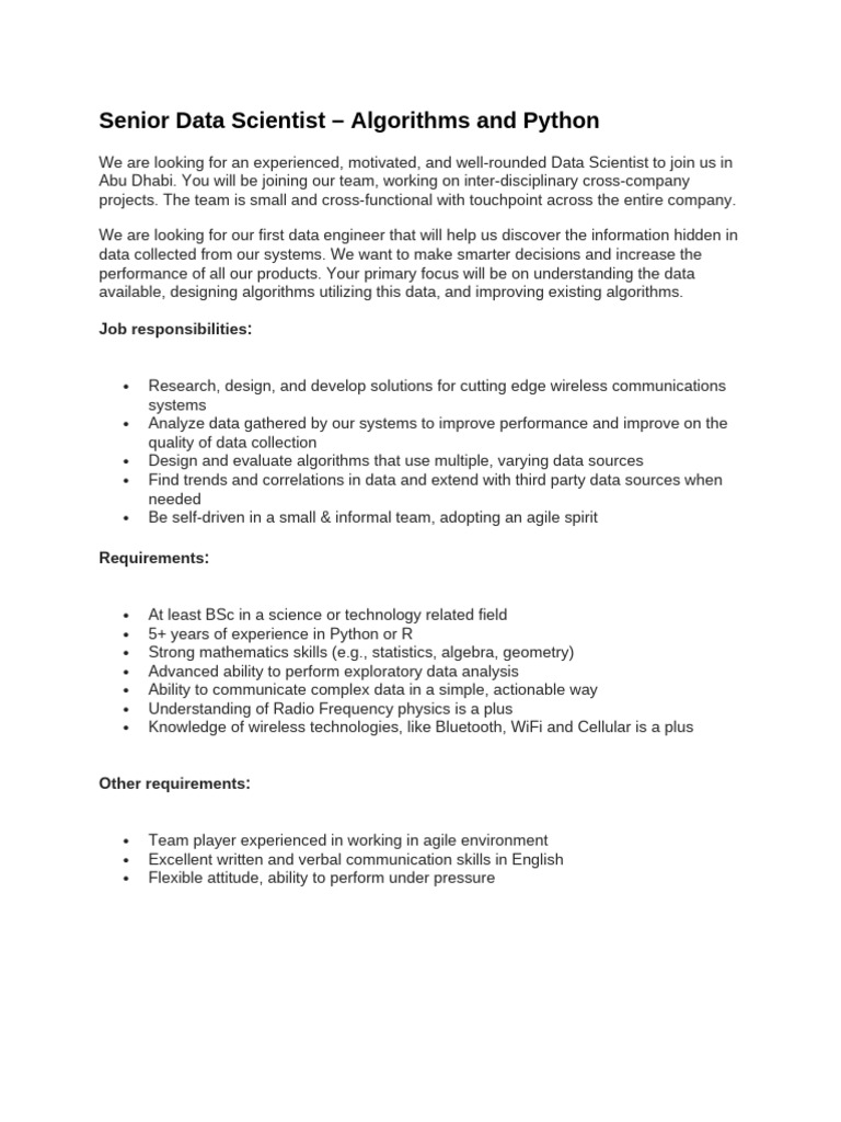 Senior Data Scientist - Algorithms and Python | PDF