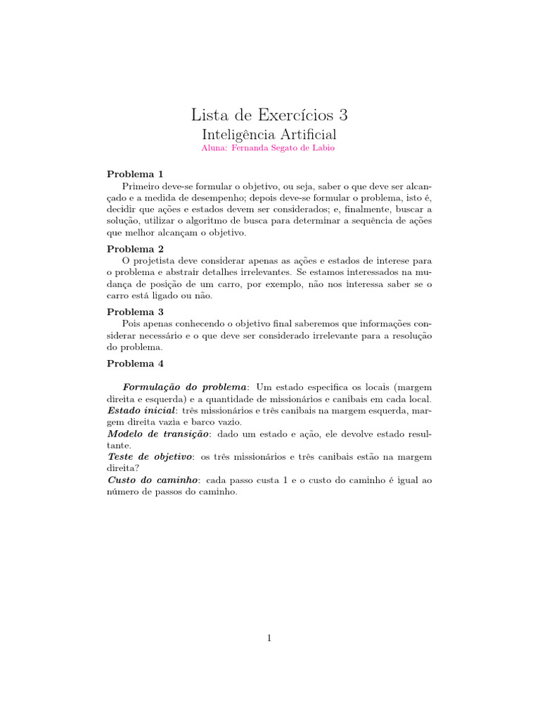 Lista de Exerc Cios 3 IA | PDF