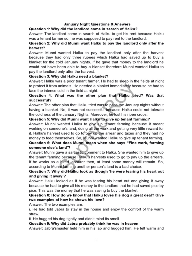 January Night: Key Questions & Answers | PDF | Landlord | Farmer