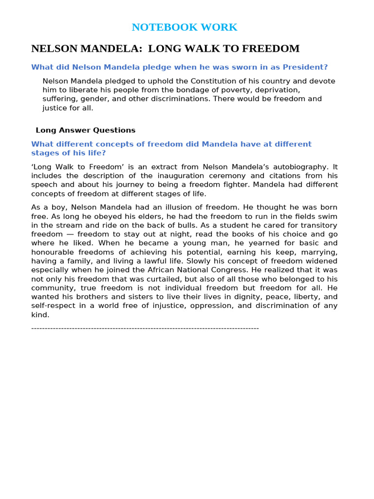 Notebook Work - NELSON MANDELA Long Walk To Freedom | PDF