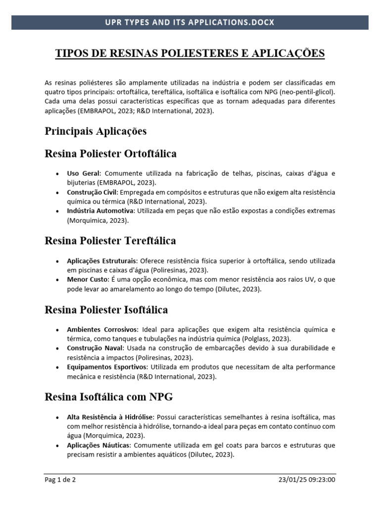 UPR Types and Its Applications | PDF | Poliéster | Resistência dos ...