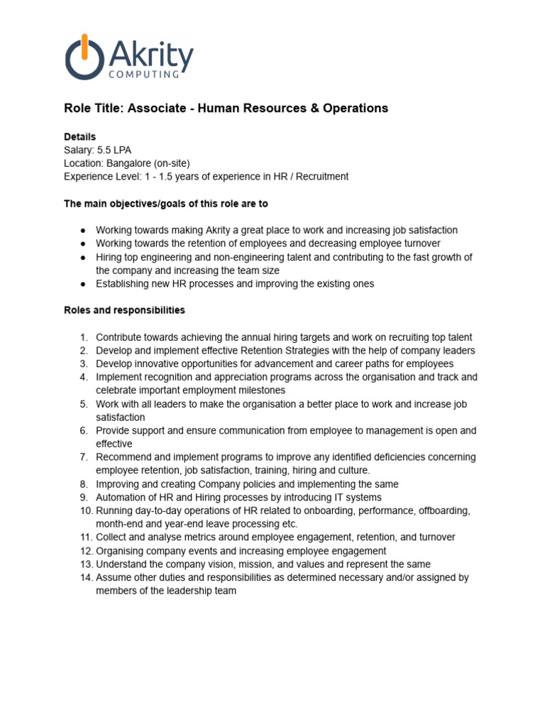 HR Associate Role in Bangalore | PDF | Employee Retention | Human Resources