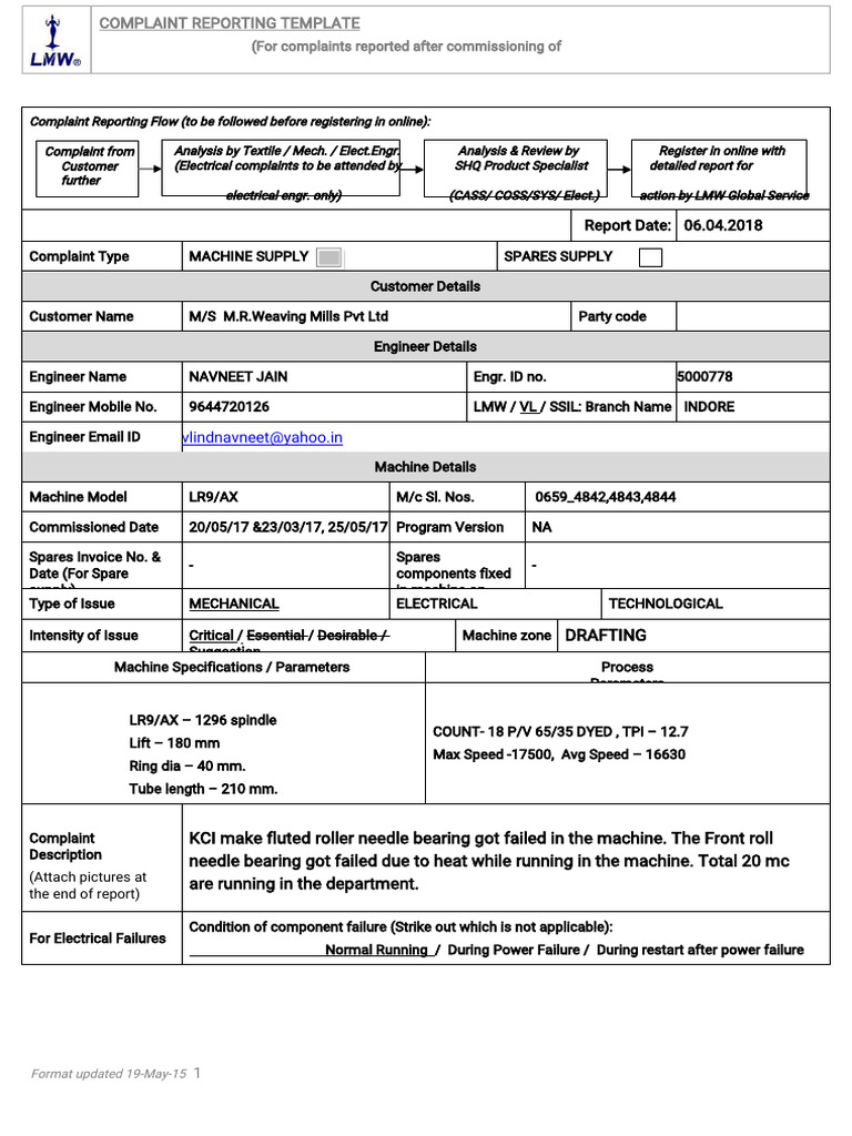 Complaint Reg - Needle Beraing Failure | PDF