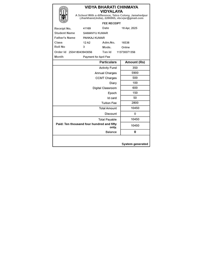 Fee Reciept April 2025 | PDF