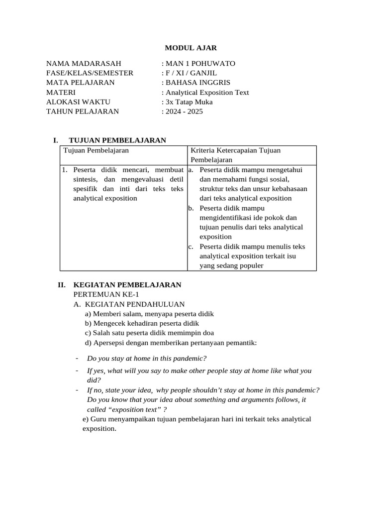 Modul Ajar Teks Exposition Kelas 11 | PDF