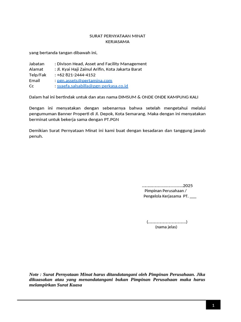 Surat Pernyataan Minat Kerjasama | PDF