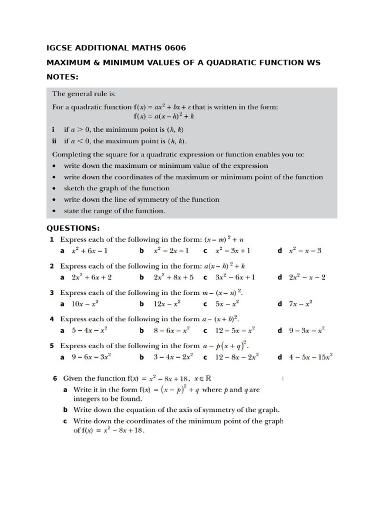 MAXIMUM & MINIMUM VALUES OF A QUADRATIC FUNCTION WS | PDF