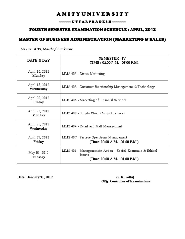 MBA Fourth Semester Exam Schedule 2012 | PDF | Business | Career & Growth