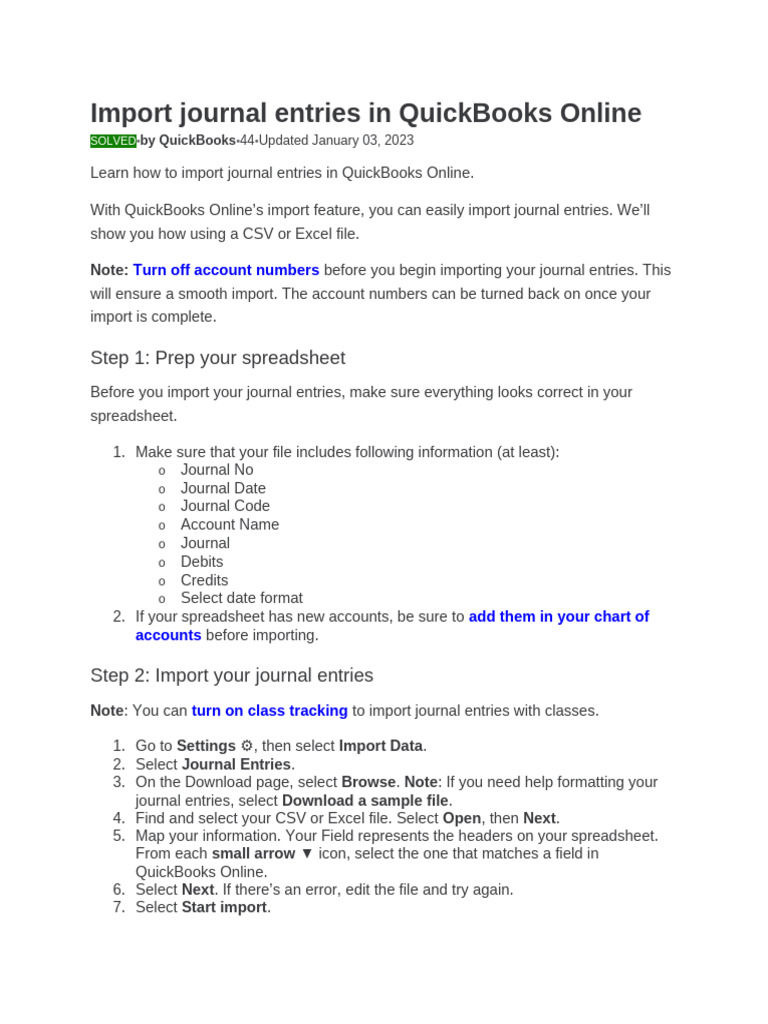 Import Journal Entries in QuickBooks Online | PDF