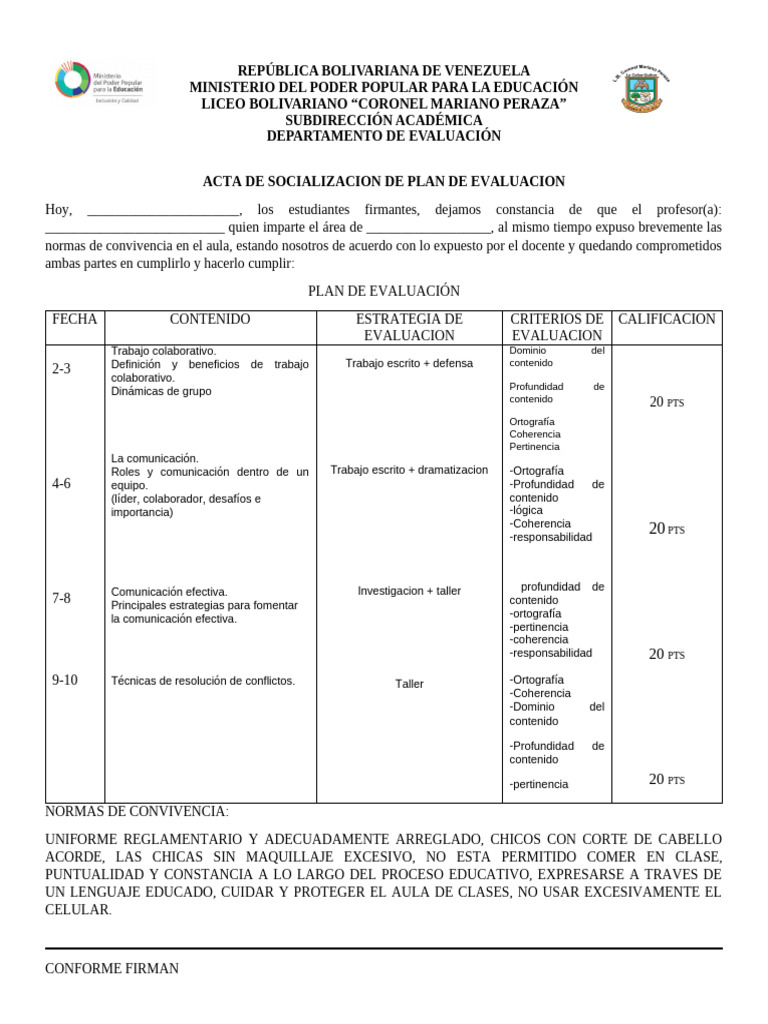 ACTA DE SOCIALIZACION o y C 2do II LAPSO | PDF | Evaluación | Aprendizaje