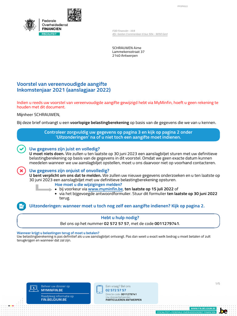 Voorstel Van Vereenvoudigde Aangifte 2022 | PDF