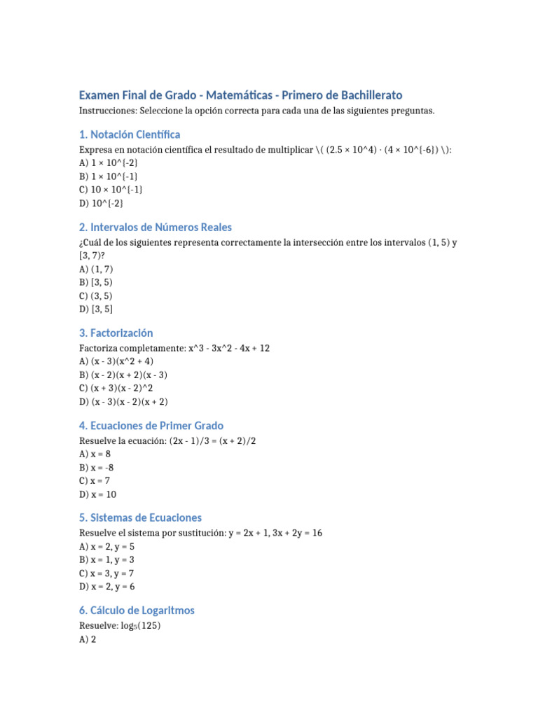 Examen Final Matematicas Bachillerato | PDF